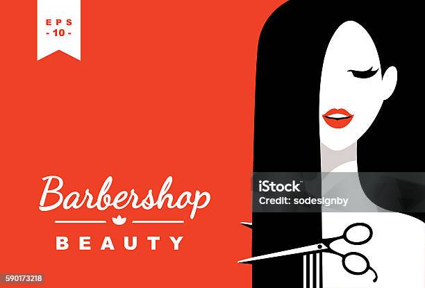 Salon Rambut Dengan Wajah Wanita Dan Siluet Gunting Ilustrasi Stok