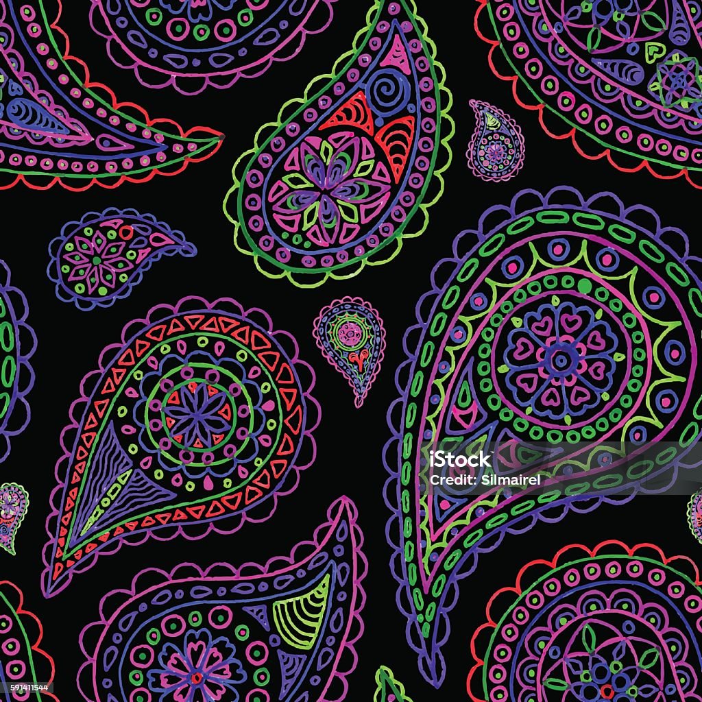 Paisley Buta Doodle Colorful Line Art Seamless Pattern Vector Stock
