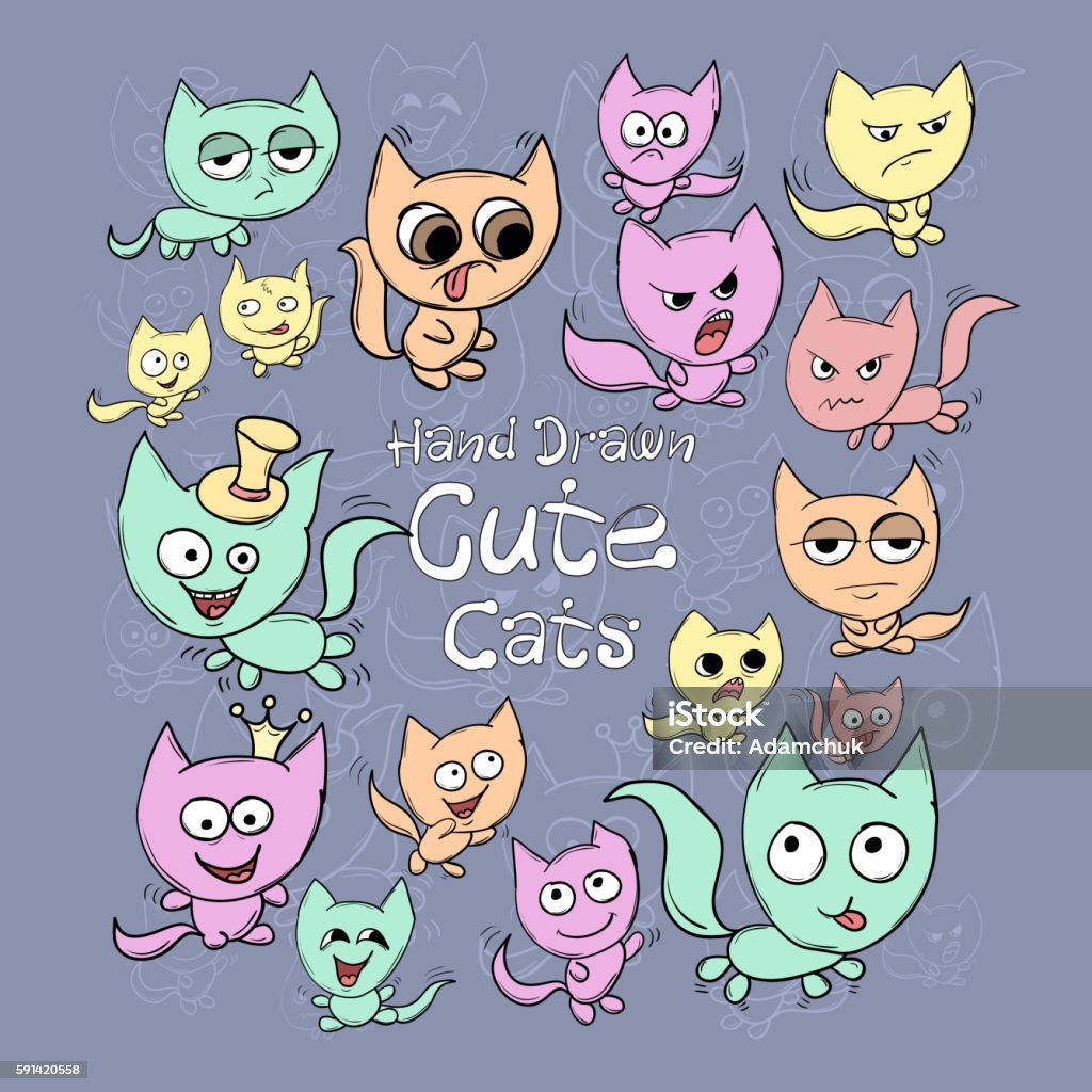 Set Of Cute Cartoon Cats Different Colors And Emotions On向量圖形及更多剪貼畫圖片