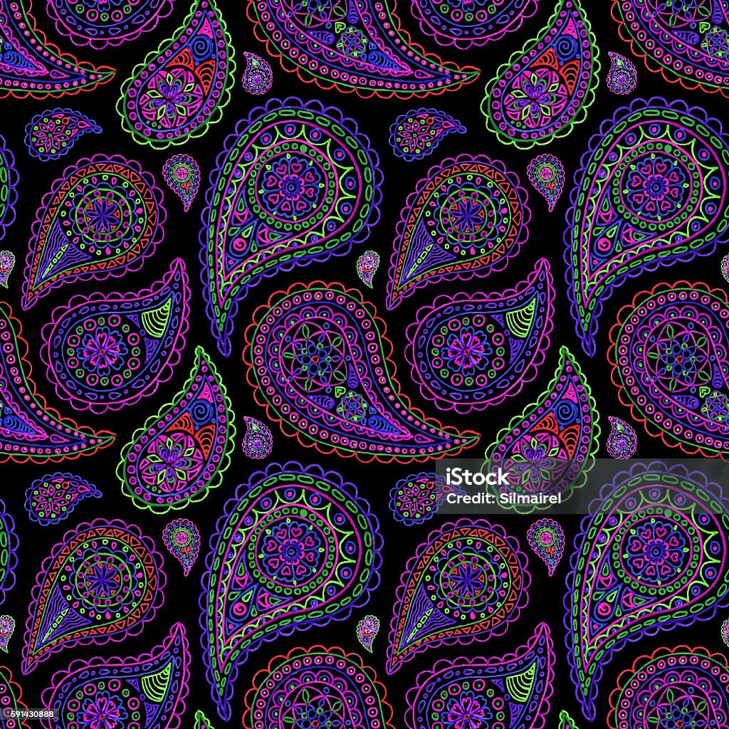 Paisley Buta Doodle Colorful Line Art Seamless Pattern Stock