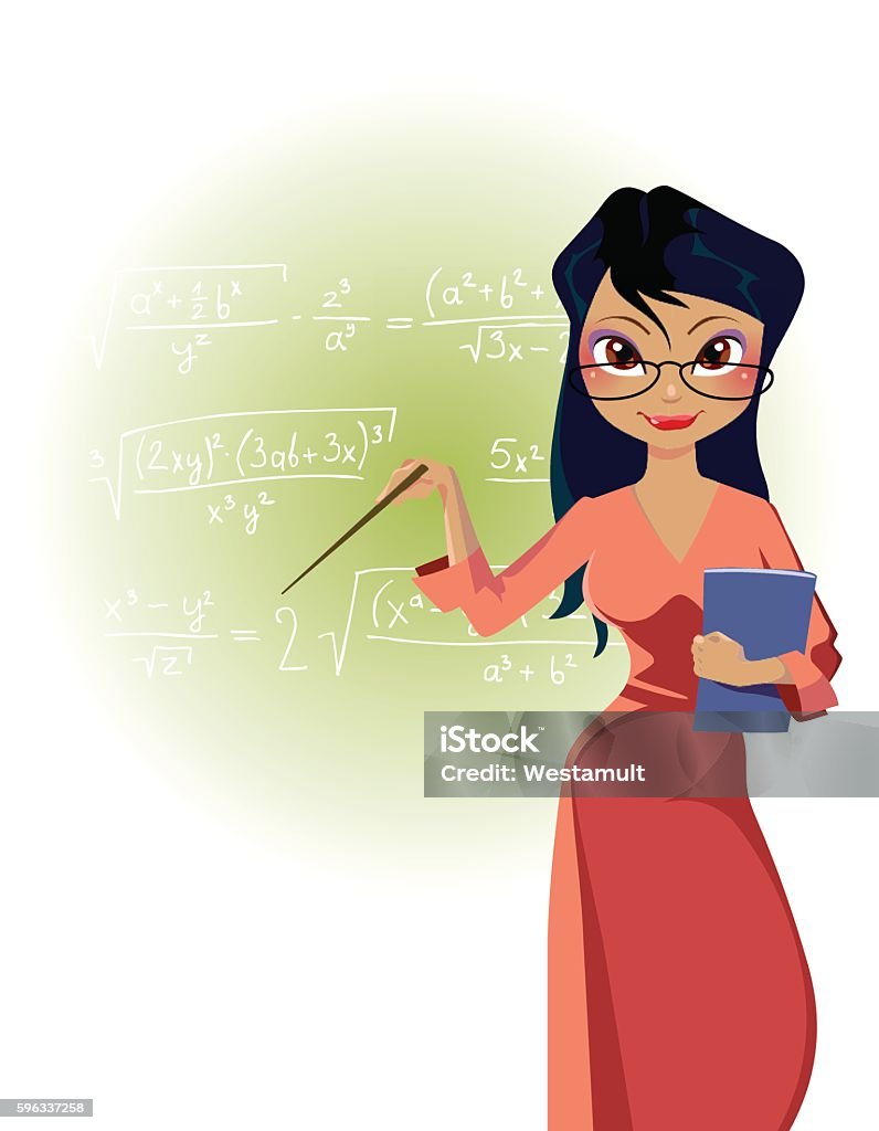 Guru Wanita Kartun Di Latar Belakang Papan Tulis Dengan Rumus