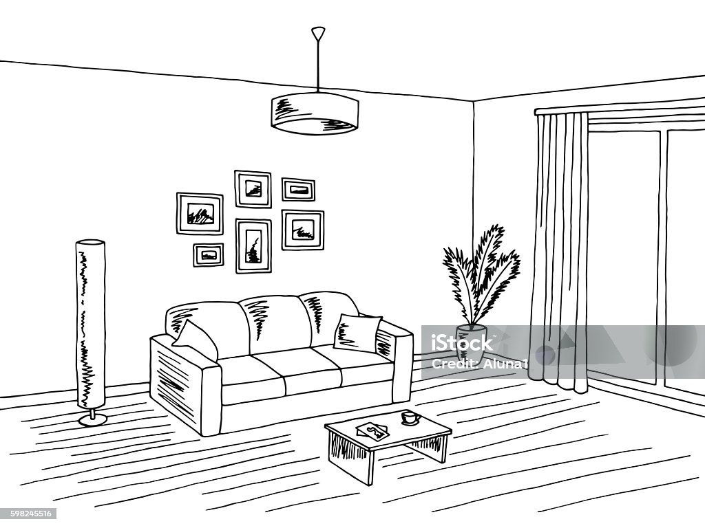 Interior Ruang Tamu Hitam Putih Gambar Gambar Sketsa Vektor Ilustrasi Stok Unduh Gambar
