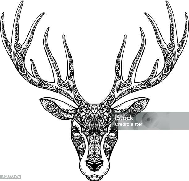 Rusa Kepala Yang Digambar Tangan Rusa Pola Etnis Natal Simbol Xmas