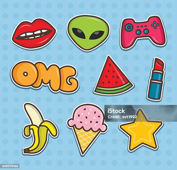 Set Of Cartoon Teenager Stickers Flat Line Illustrations Patches