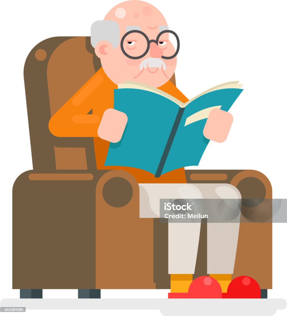 Old Man Characters Read Book Sit Chair Adult Icon Flat Stock