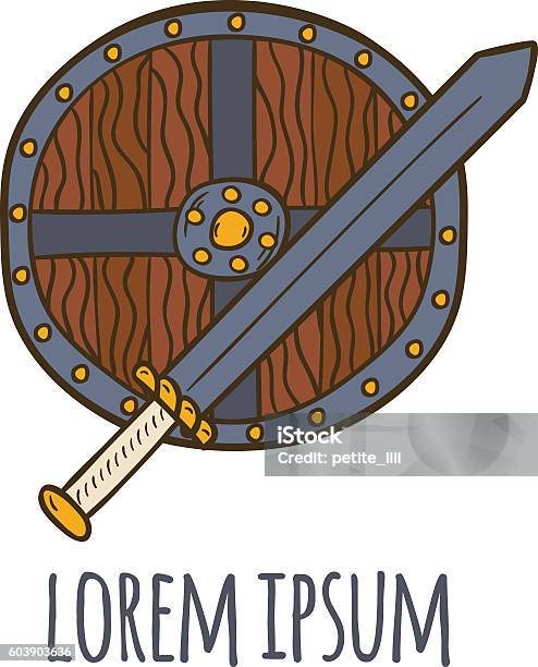 Vector Cartoon Hand Drawn Shield And Sword向量圖形及更多中古時代圖片 中古時代 剪裁圖 劍