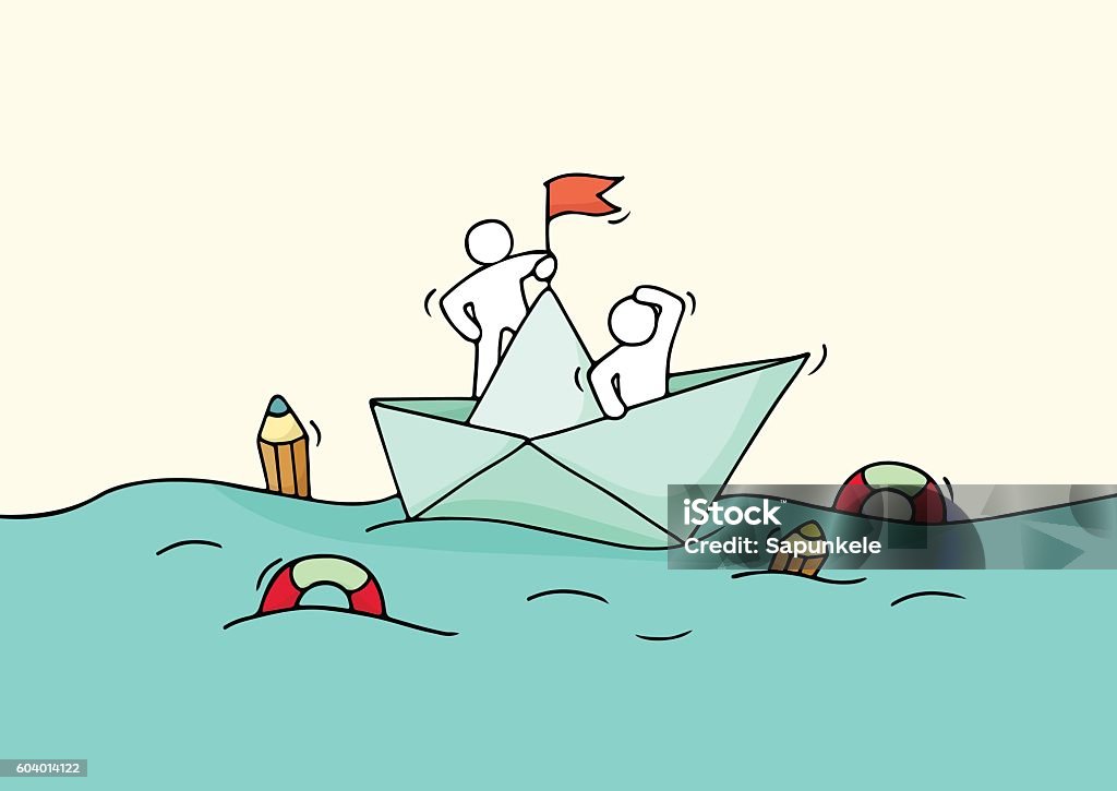 Sketsa Orangorang Kecil Yang Bekerja Dengan Perahu Kertas Ilustrasi Stok Unduh Gambar Sekarang
