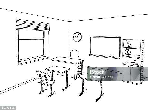 Kelas Sekolah Hitam Putih Grafis Seni Interior Sketsa Vektor Ilustrasi
