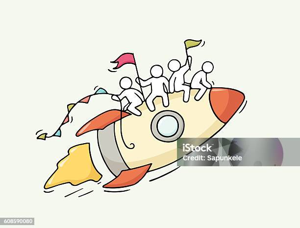 Sketsa Orangorang Kecil Dengan Roket Terbang Ilustrasi Stok Unduh
