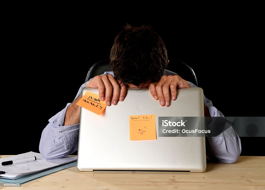 Attractive Tired Businessman Overwhelmed Heavy Work Load Exhausted At