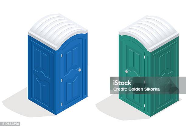 Isometric Bio Toilet Cabin Blue And Green Hiking Services向量圖形及更多廁所 家居