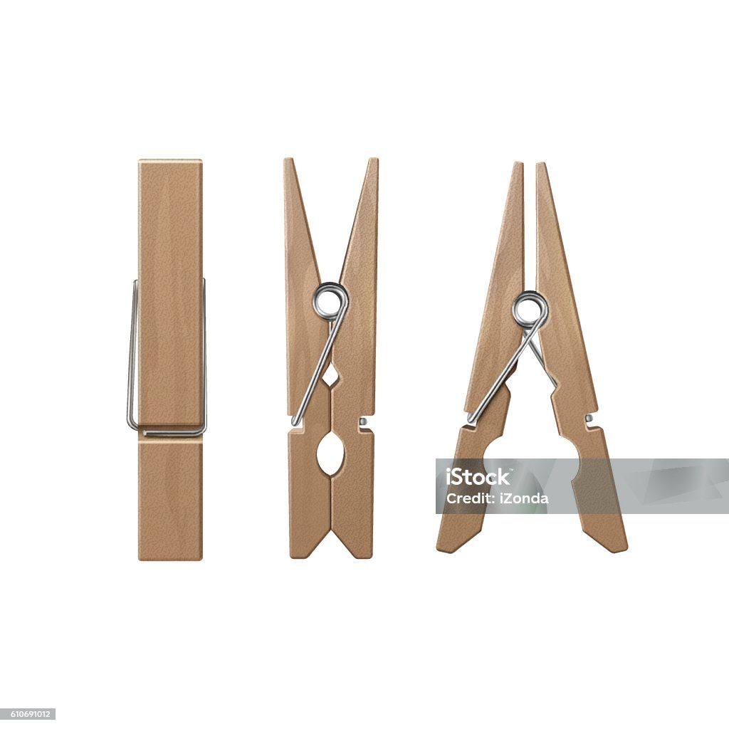 Set Of Wooden Clothespins Pegs Front Side View Stock Illustration