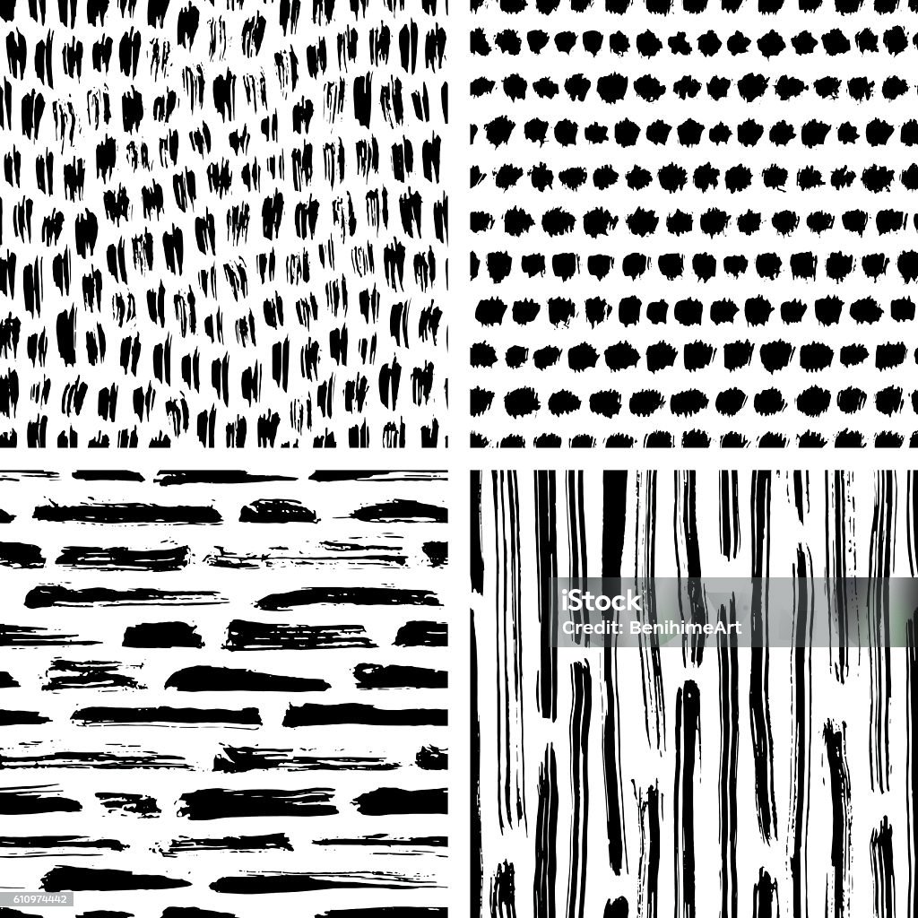 Set Of Black And White Abstract Hand Drawn Seamless Patterns Stock