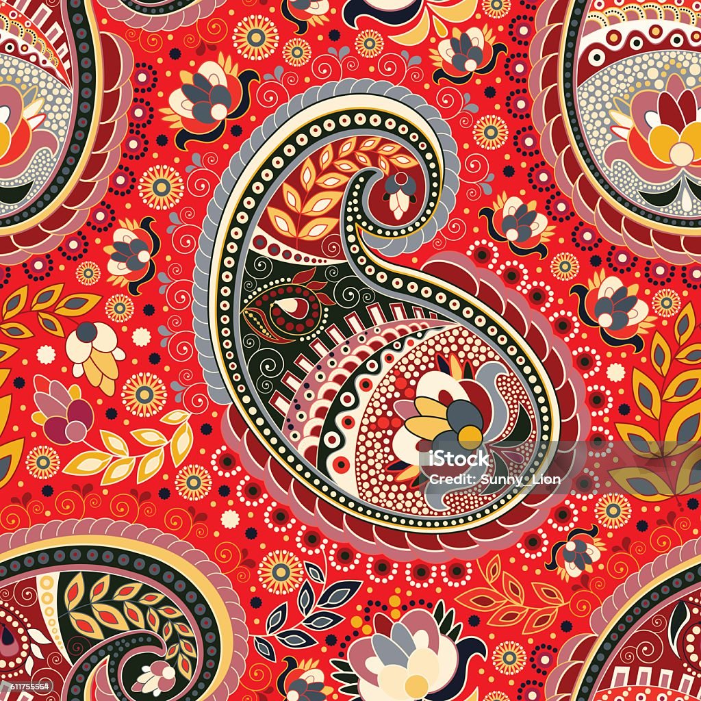 Colorful Paisley Seamless Pattern Red Indian Backdrop Stock