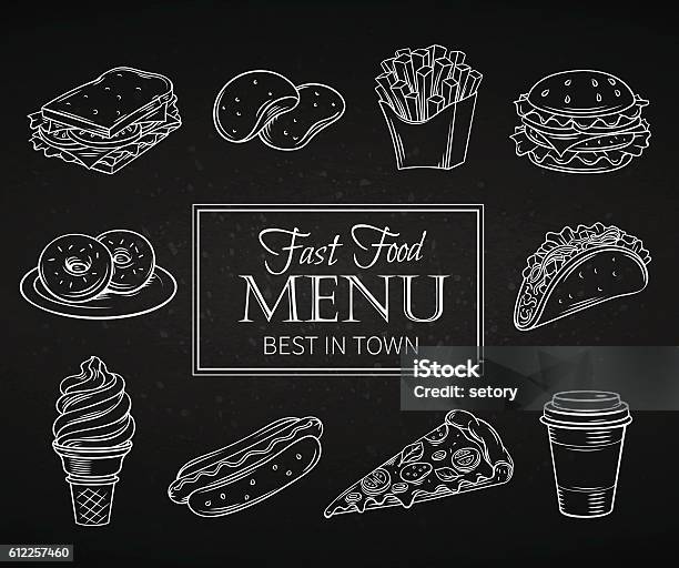 Vector Hand Drawn Icons Fast Food向量圖形及更多黑板圖片 黑板 三文治 墨西哥捲餅 Istock