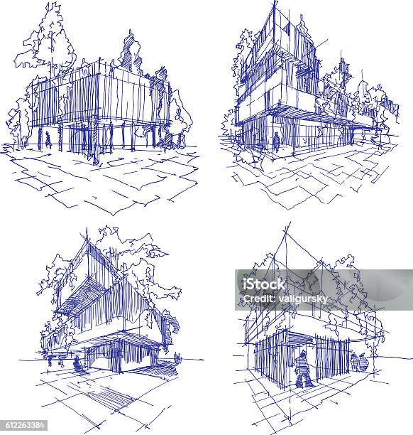 Four Sketches Of Abstract Modern Architecture With Green And Trees向量圖形及