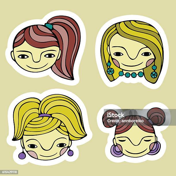 Set Of Cute Cartoon Girls Faces Colorful Vector Illustration向量圖形及更多兒童圖片