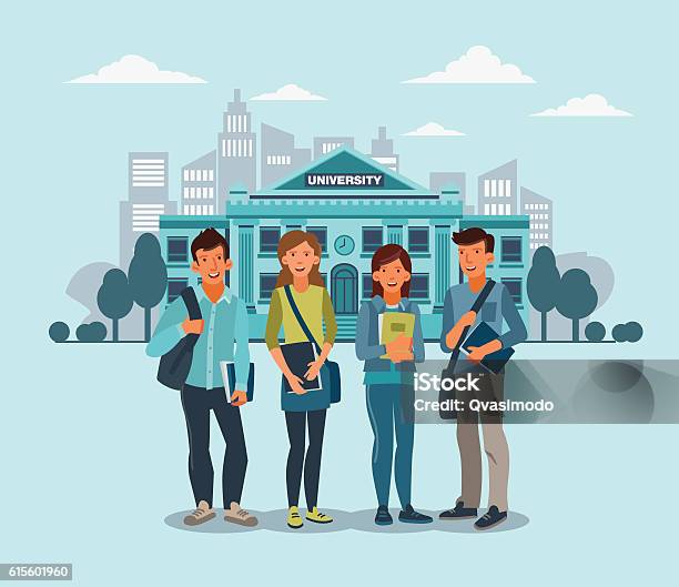 Kelompok Siswa Yang Bahagia Dan Tersenyum Berdiri Dengan Buku Catatan