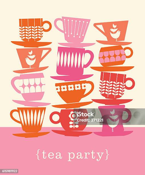 Colorful Retro Illustration With Stacks Of Tea Cups向量圖形及更多茶杯圖片 Istock