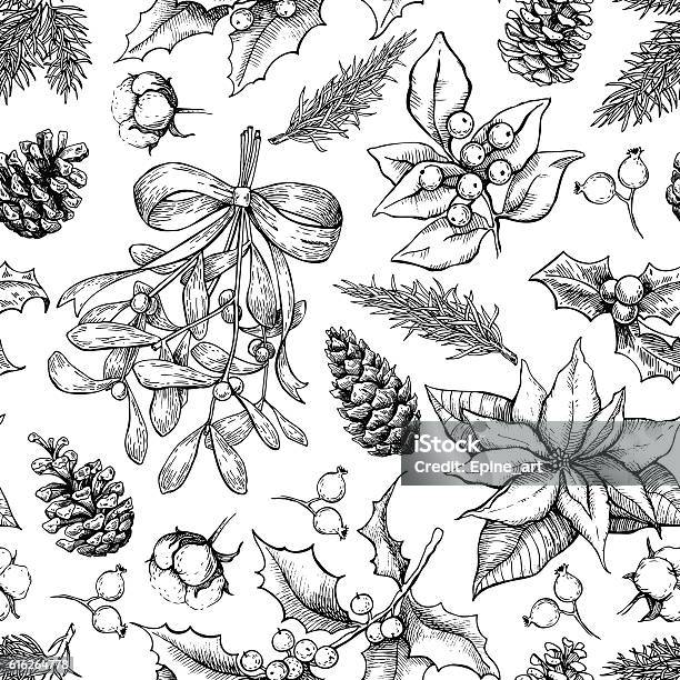 Christmas Botanical Seamless Pattern Hand Drawn Vector Backgrou Stock