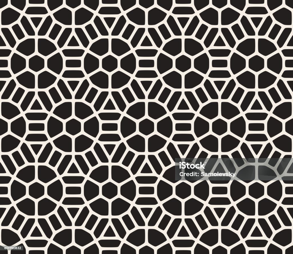 Vector Seamless Black And White Geometric Hexagon Rounded Grid Pattern