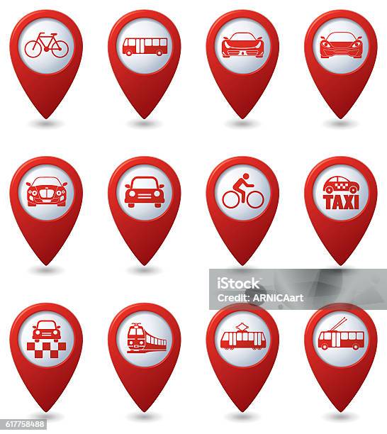 Transportation Icons On The Map Pointer向量圖形及更多單車圖片 單車 巴士 汽車 Istock