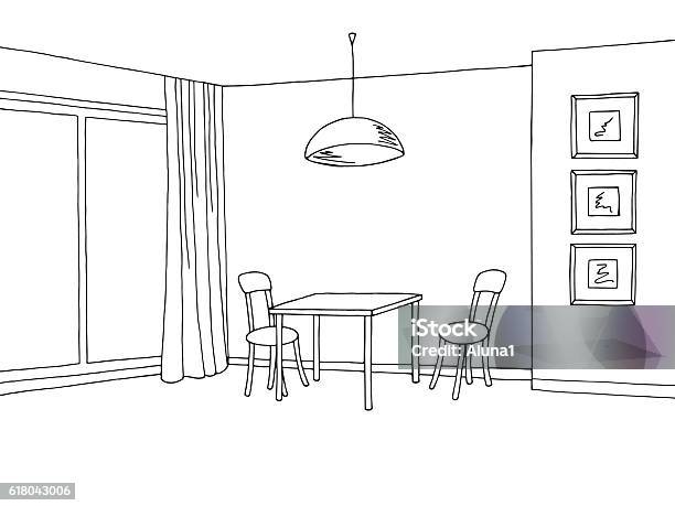 Dapur Ruangan Interior Grafis Hitam Putih Sketsa Ilustrasi Vektor