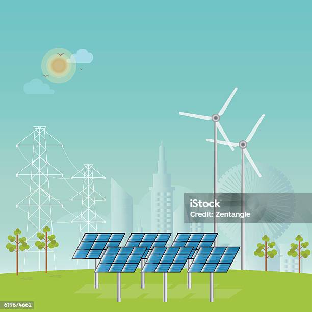 Solar Energy Panels And Wind Turbine向量圖形及更多太陽能圖片 太陽能 順序 光 Istock