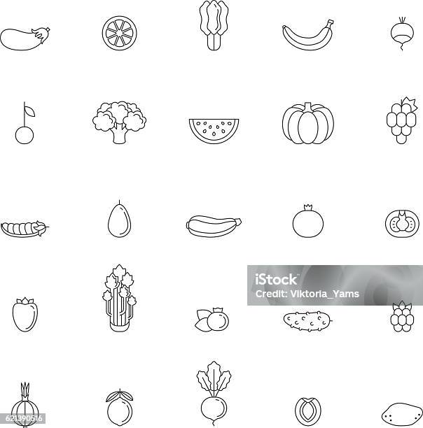 Fruit And Vegetable Outline Icon Set Part Two向量圖形及更多健康飲食圖片 健康飲食 剪裁圖