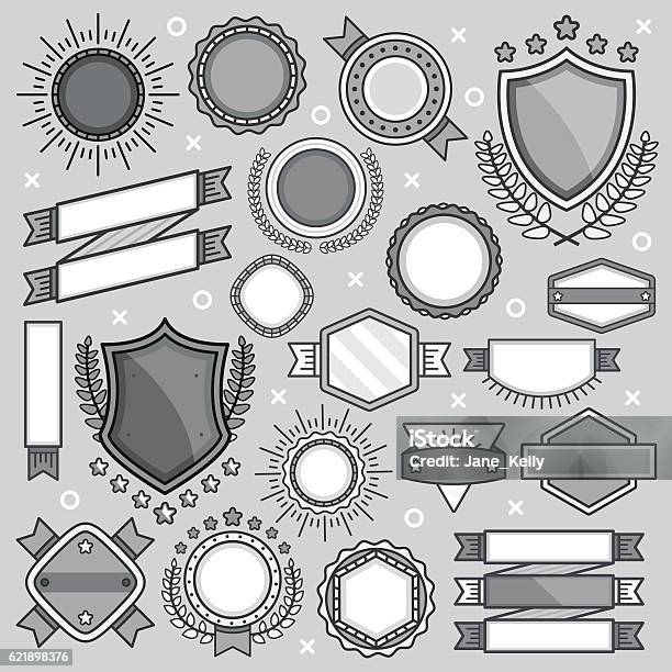 Black And White Vintage Badges Labels Shapes And Ribbons Set向量圖形及更多三角形