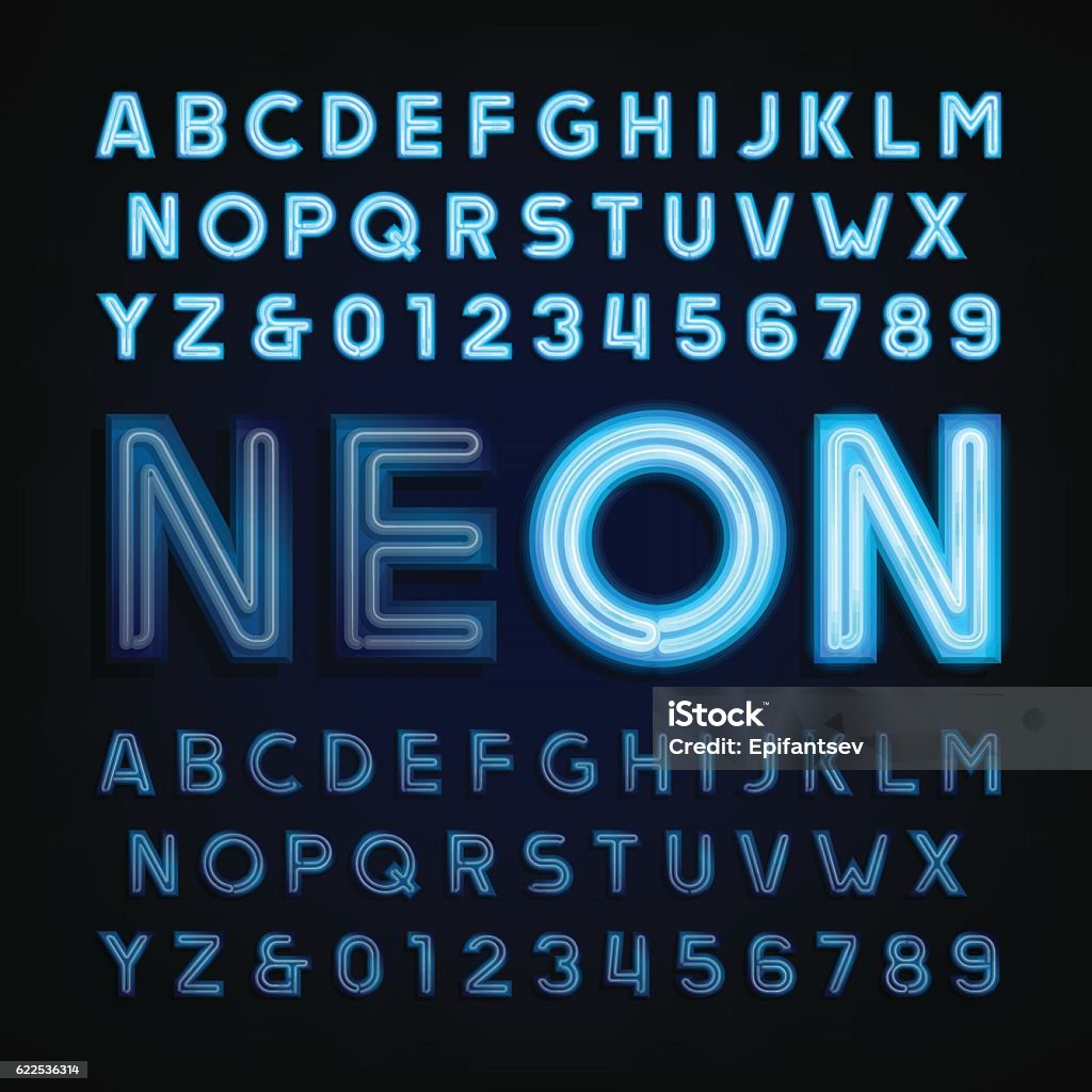 Neon Light Font Angka Alfabet Dan Simbol Khusus Vektor Tabung Neon Biru