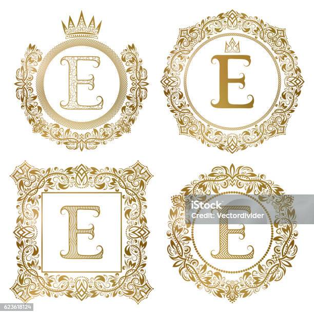Ilustración De Conjunto De Monogramas Vintage De La Letra E De Oro