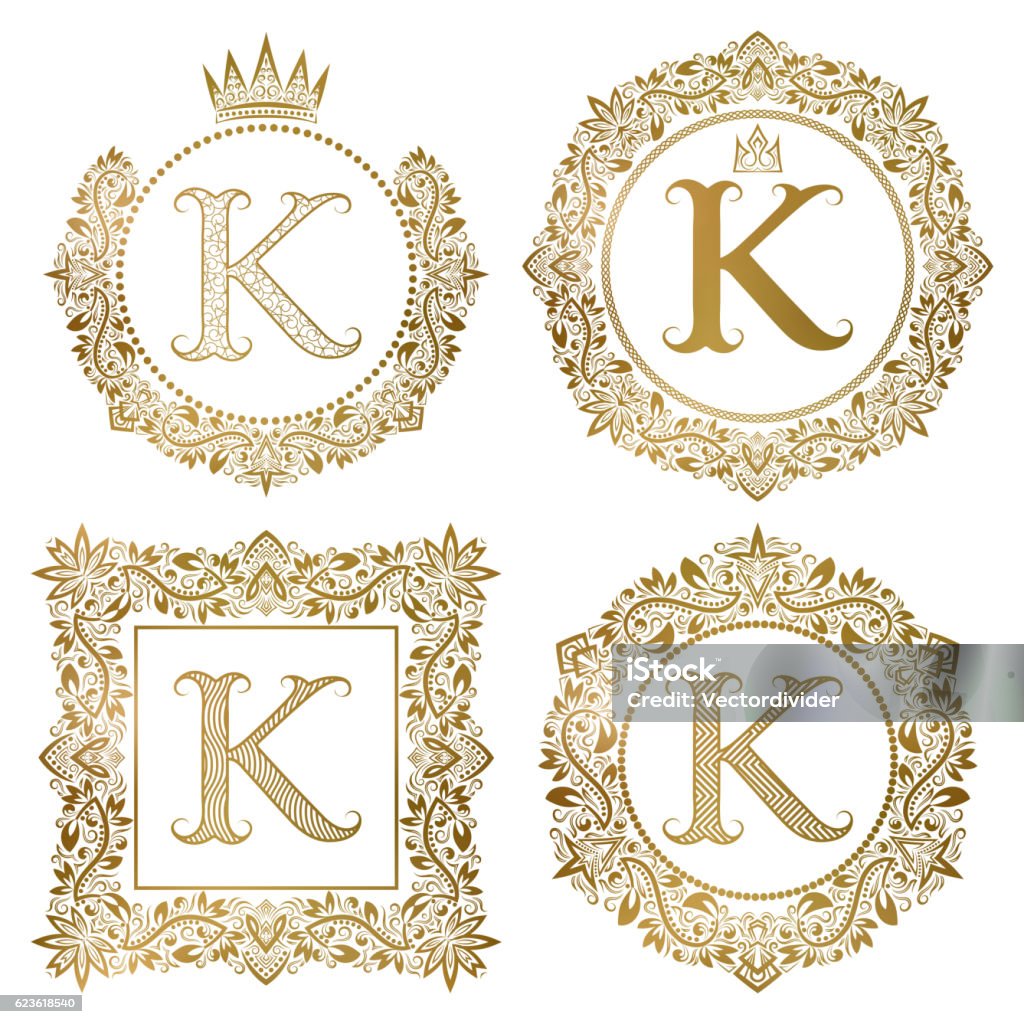 Ilustración De Conjunto De Monogramas Vintage De La Letra Dorada K