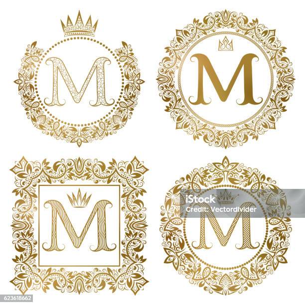 Ilustración De Conjunto De Monogramas Vintage De La Letra M De Oro