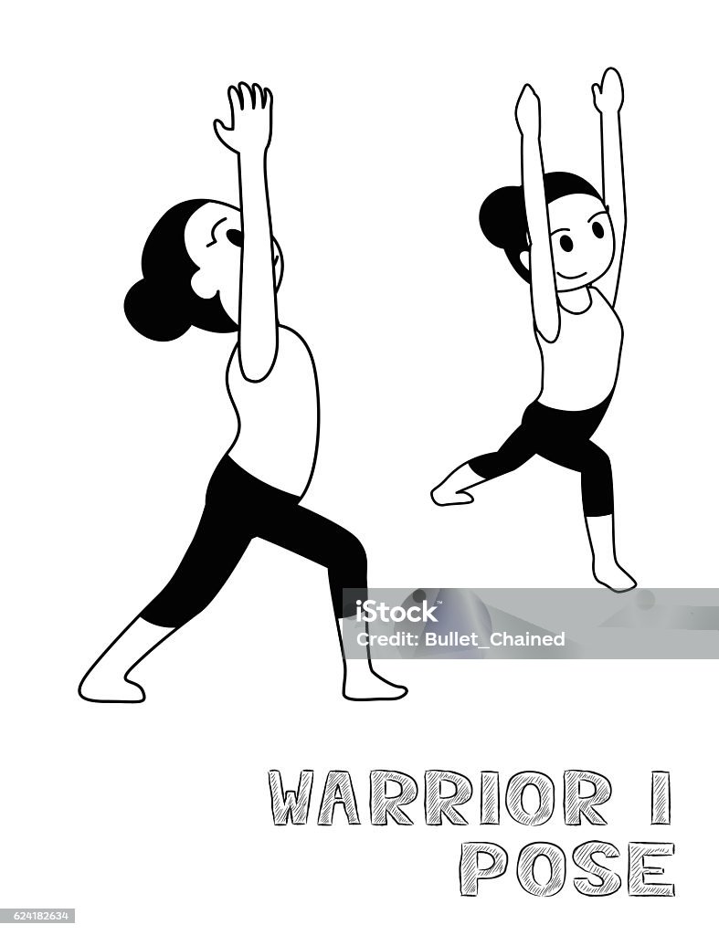 Yoga Warrior I Pose Cartoon Vector Illustration Monochrome向量圖形及更多人體圖片 Istock