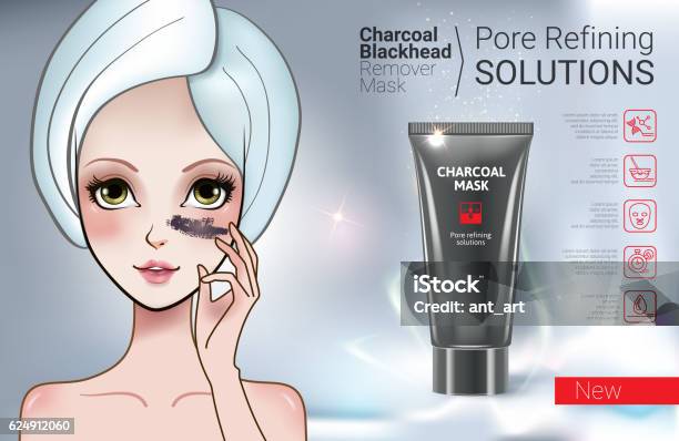 Vector Illustration With Manga Style Girl And Charcoal Mask Tube Stock