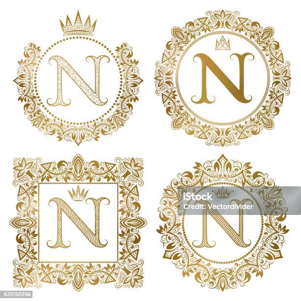 Ilustración De Conjunto De Monogramas Vintage De La Letra Dorada N