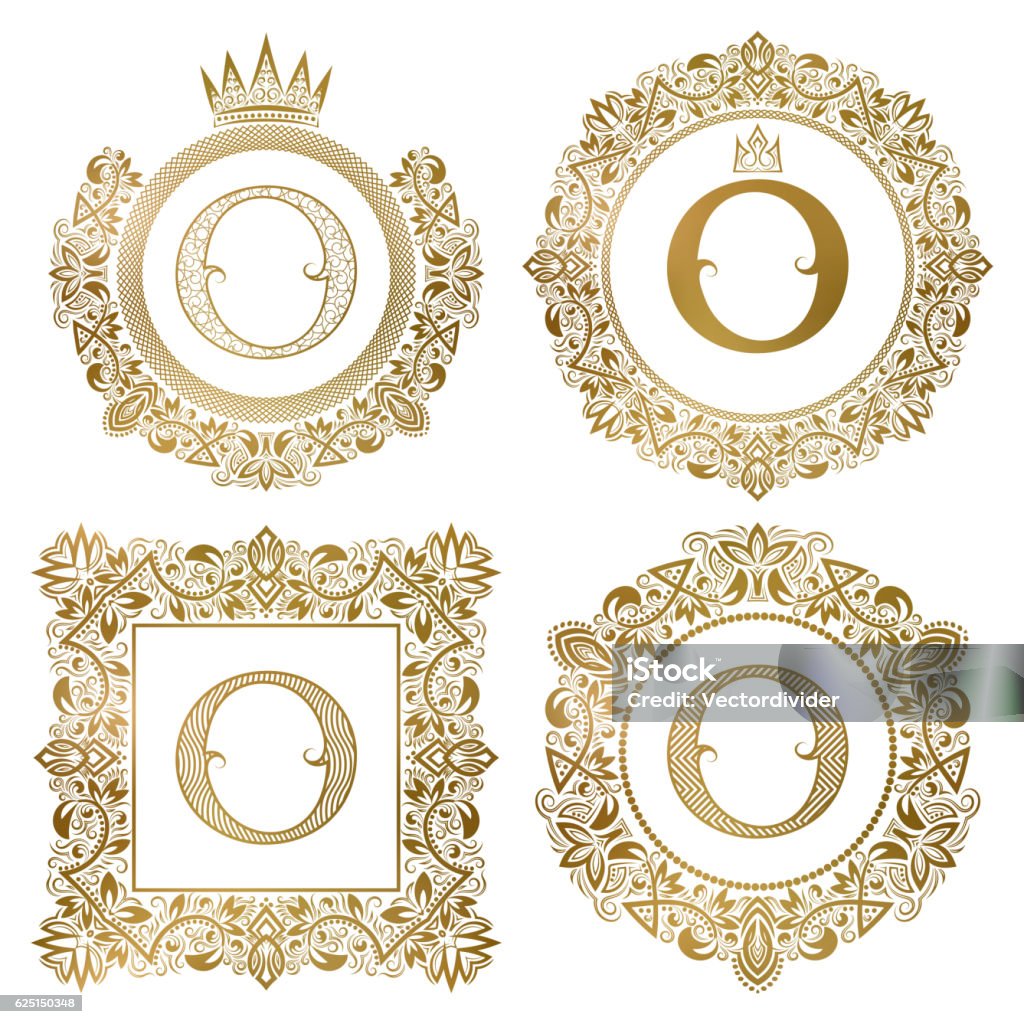 Ilustración De Letra De Oro O Conjunto De Monogramas Vintage Escudos