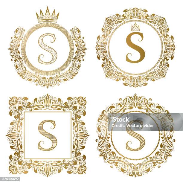 Ilustración De Conjunto De Monogramas Vintage De La Letra Dorada S