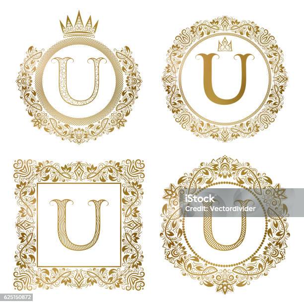 Vetores De Letra Dourada U Conjunto De Monogramas Vintage Brasões