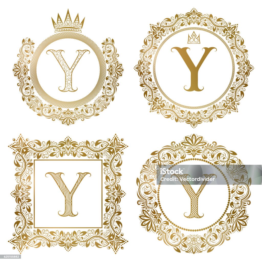 Vetores De Letra Dourada Y Conjunto De Monogramas Vintage Brasões