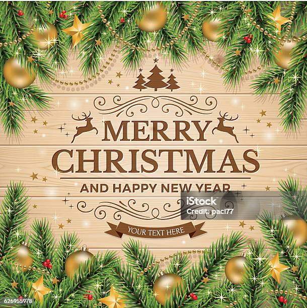 Latar Belakang Kayu Natal Dengan Cabang Cemara Dan Bola Natal Emas