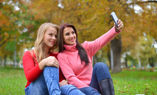 Friends Making Selfie Two Beautiful Young Women Making Selfie Stock