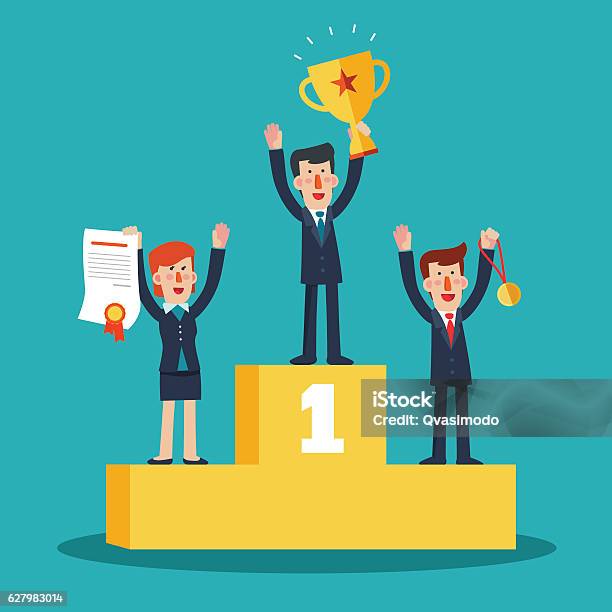 Smiling Businessmen And Business Woman Holding Up Winning Trophy Stock