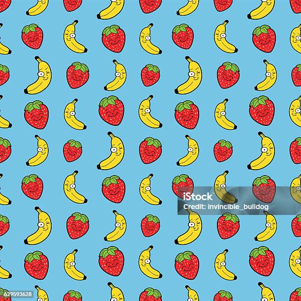Fruits Seamless Background With Funny Bananas向量圖形及更多卡通圖片 卡通 士多啤梨