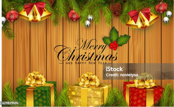 Latar Belakang Kayu Natal Dengan Cabang Cemara Dan Kotak Hadiah