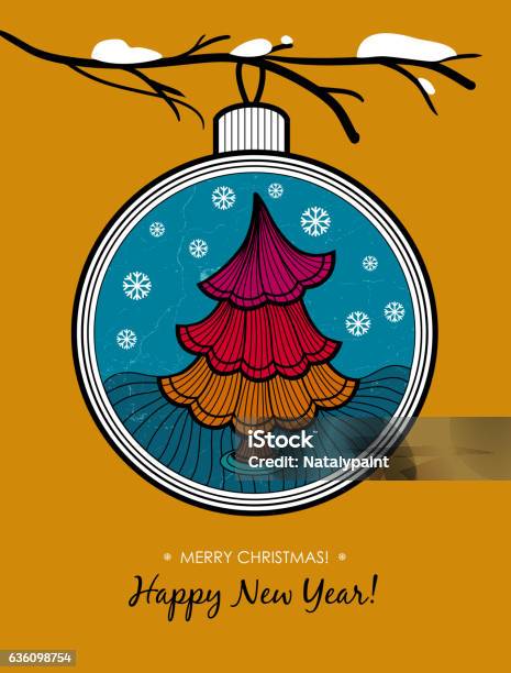 Kartu Ucapan Dengan Bola Kaca Dan Pohon Natal Ilustrasi Stok Unduh
