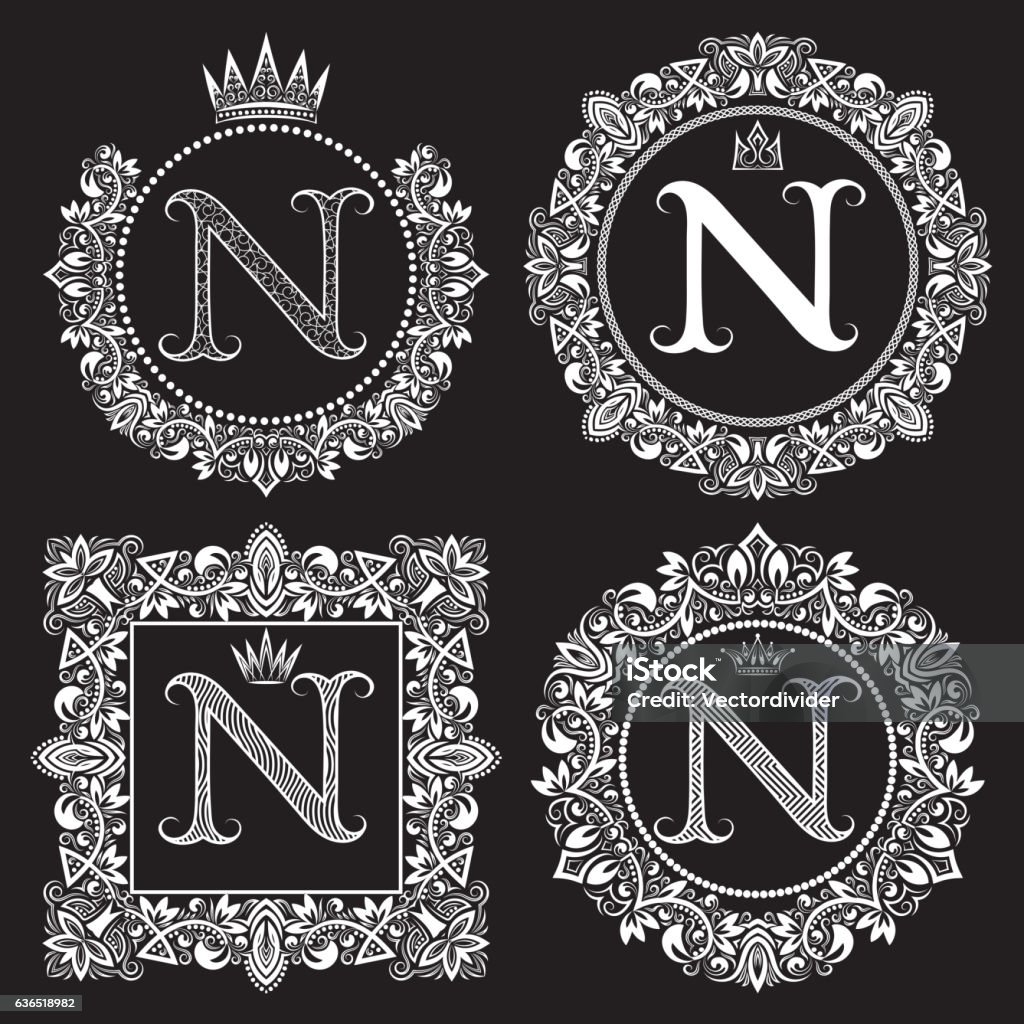 Ilustración De Conjunto De Monogramas Vintage De Letra N Escudos