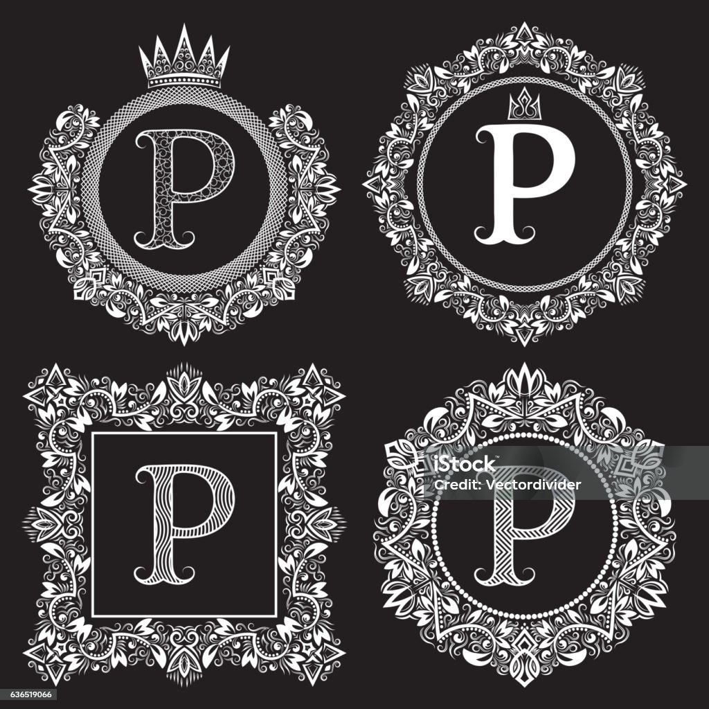 Ilustración De Conjunto De Monogramas Vintage De Letra P Escudos