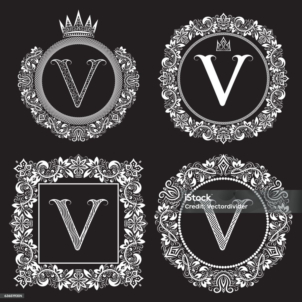 Ilustración De Conjunto De Monogramas Vintage De Letra V Escudos